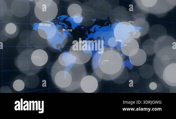 Dark grid fading initiating blue world map emerging with drifting ...