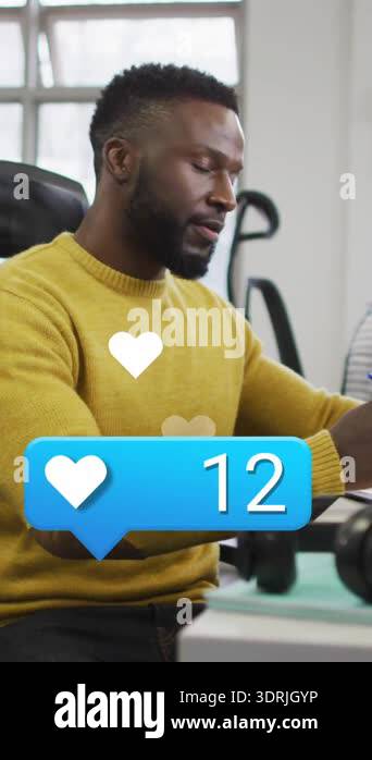 Animation of like icon with increasing numbers over african american ...