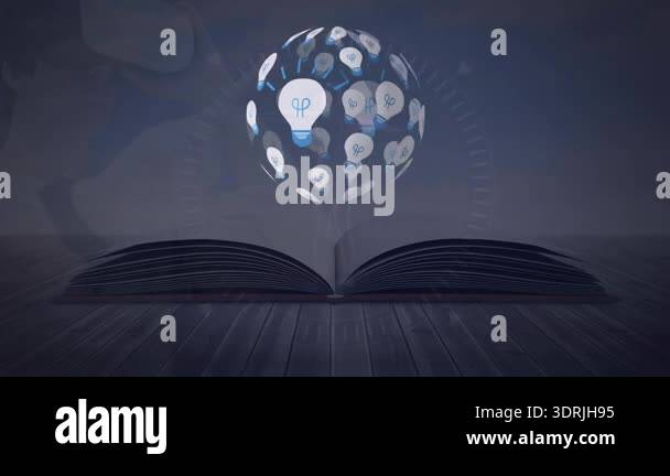 Animation of rotating globe made of bulbs over blue background with ...