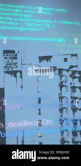 Animation of multicolored computer language over modern buildings in ...