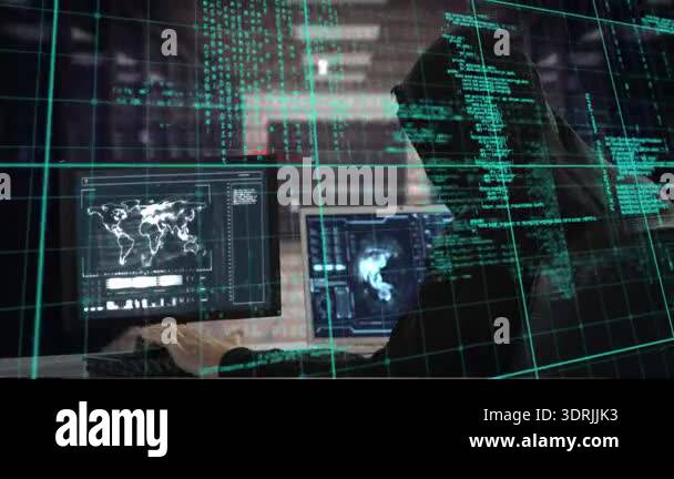Animation of data processing over caucasian male hacker using laptop ...