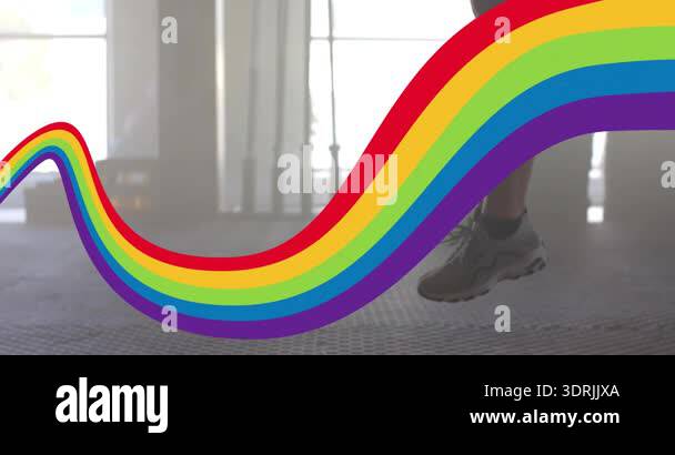 Rainbow graphic sweeping in, fitness trainer swinging jump rope on gym ...
