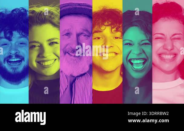 Animated ad. Multicultural smiling people in vibrant duotone vertical ...