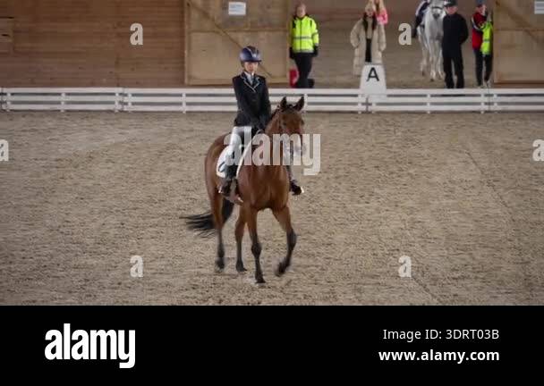 Young female rider performing during dressage competition in indoor ...
