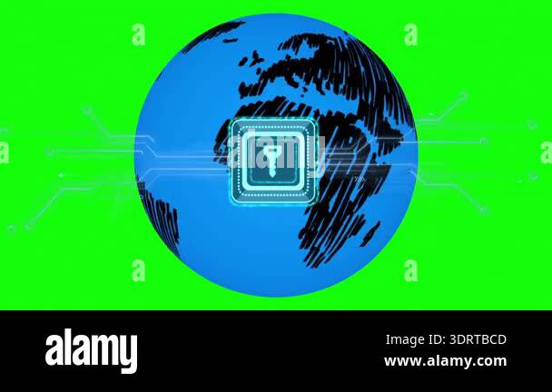 Upon appearing globe rotating while chip icon pulsing and circuits ...
