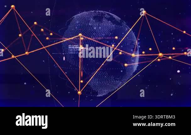 Upon startup globe rotating network lines shifting and code blocks ...