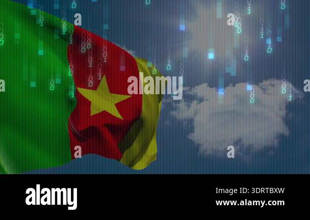 Wind causing Cameroon flag unfolding and fluttering as binary streams ...