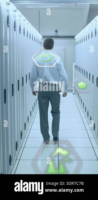 Animation of falling icons over server room. Global science ...