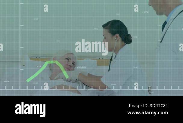 Doctor entering room using stethoscope on patient, tracing vitals via ...