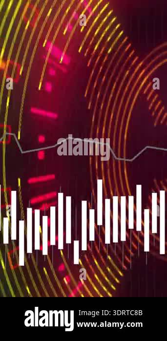 Sound waveforms and frequency bars over red circular animation with ...