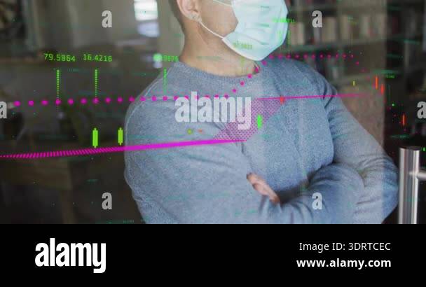 Man wearing medical mask observing data overlays appearing in front of ...