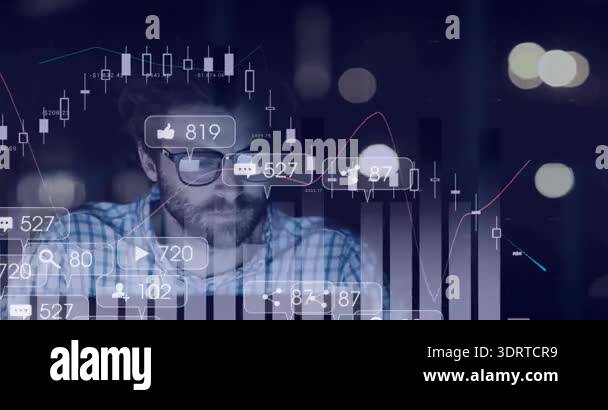 Male finance analyst analyzing charts and tracking engagement metrics ...