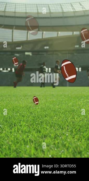 Animation of diverse male rugby players playing over rugby balls at ...