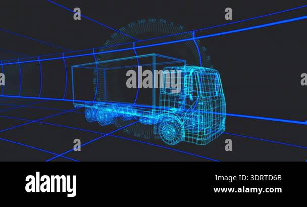 On start gridlines scrolling below wireframe truck, rotating gauge ...