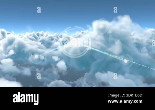 Animation of network of connections with icons over sky with clouds ...