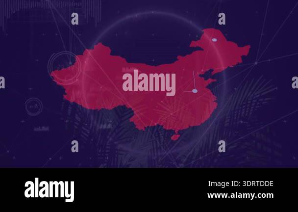 Fading in red China map triggers white data nodes pulsing and ...