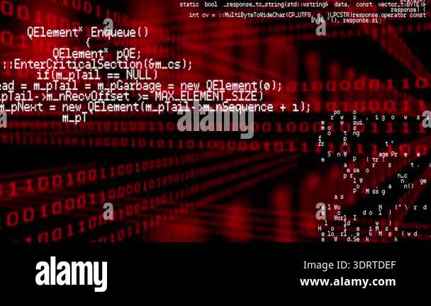 Animation of red binary code and data processing over black background ...