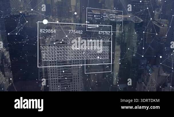 Animated network overlay fading in above skyline panels sliding and ...