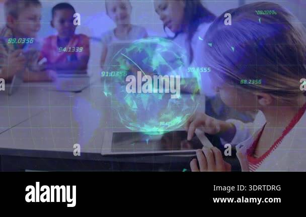 Teacher guiding pupils around tablet, girl swiping screen activating 3D ...