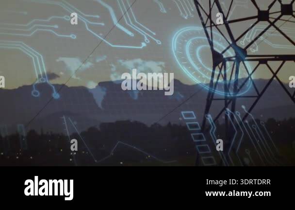 Twilight arriving activating digital circuit overlays, steel tower ...