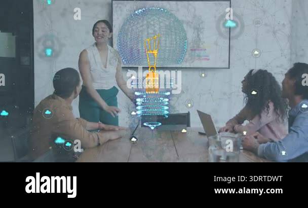 Presenter turning on screen and summoning 3D hologram for business ...