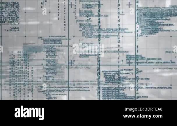 Code clusters fading into view over matrix grid, shifting, scrolling ...