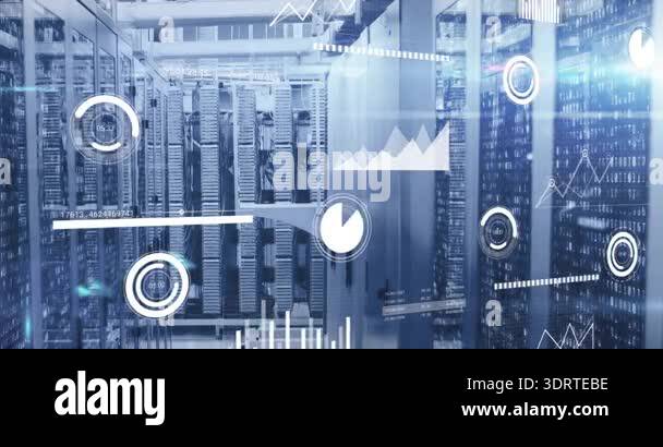 upon overlays appearing, racks lining aisle displaying data bars ...