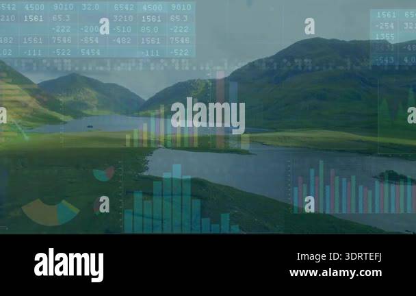 Panel fading in over lake animating bar charts, pie segments and line ...