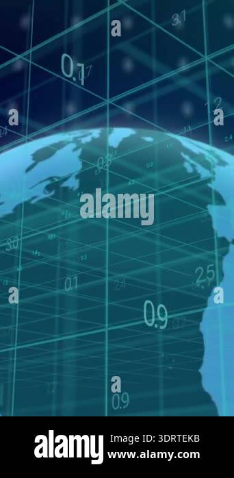 Digital network and computer icons animation over rotating globe and ...