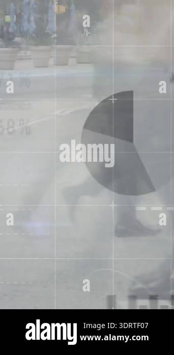 Animation of fast walking people with financial data and pie chart in ...