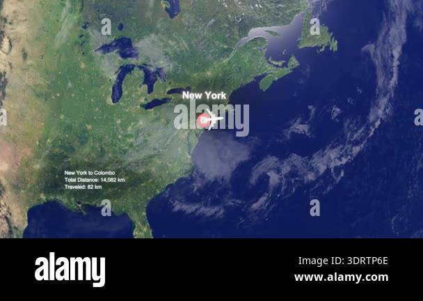 3D Earth Animation Flight Route From New York to Colombo with Dotted ...