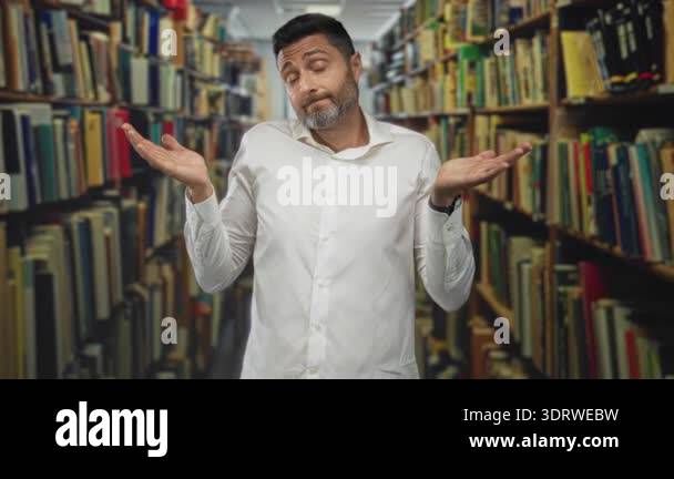 Man shrugging with palms up in a narrow library aisle lined with ...