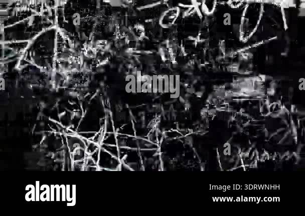 Black glitch interference background, chaotic white scratch distortion ...