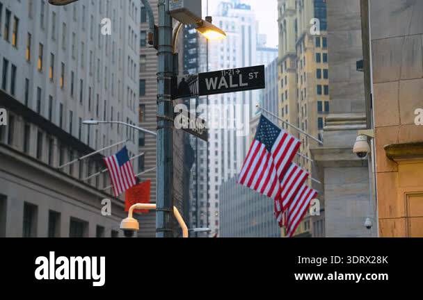Wall Street and Broad Street signs with American flags in NYC. Street ...