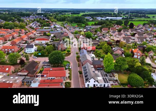Aerial view of a T-junction in a Dutch residential suburb. A clear view ...