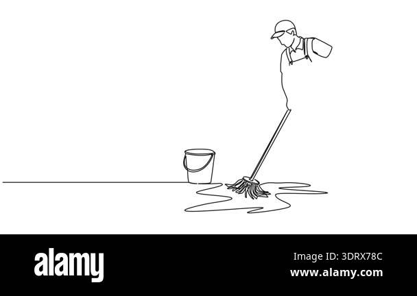 animated continuous line drawing of janitor cleaning floor with mop ...