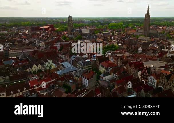 Aerial view of Bruges with historic Markt square and the Belfry Tower ...