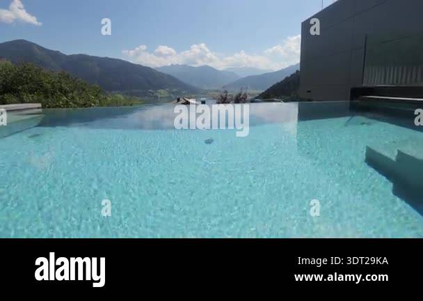 Infinity pool overlooking alpine lake with modern rooftop resort ...