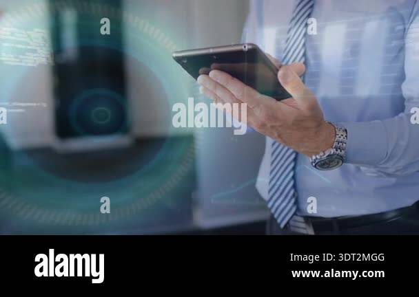 Office executive tapping tablet screen and initiating 3D code streams ...