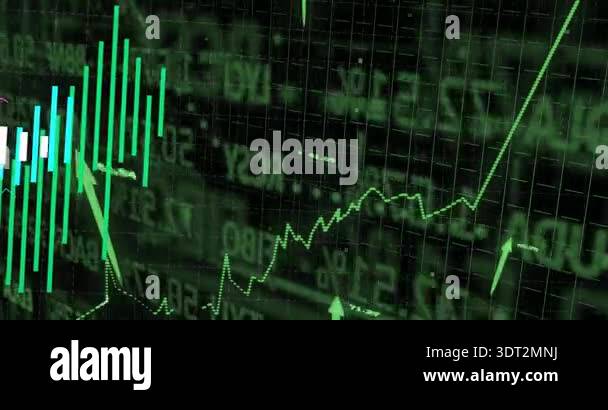 Opening scene showing grid with tickers, trend line rising, bars ...