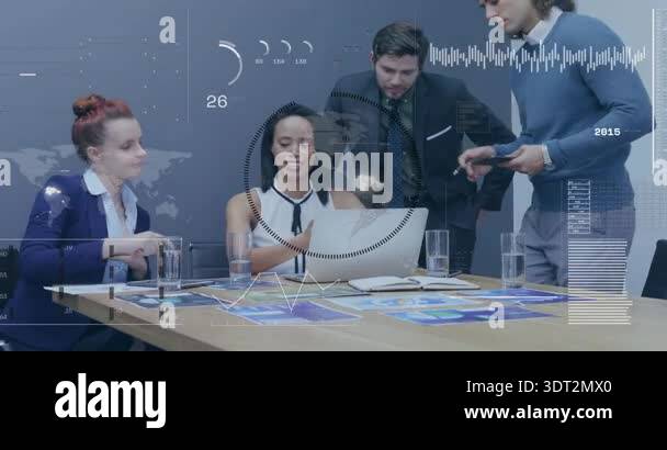Analyst opening laptop in business meeting and showing data overlay as ...