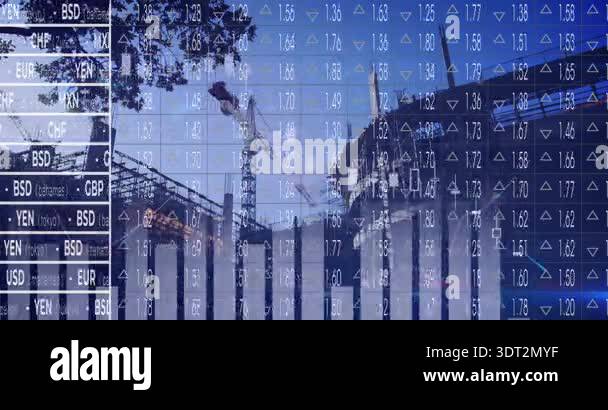 Forex data driving animated ticker flashing over stone columns in ...