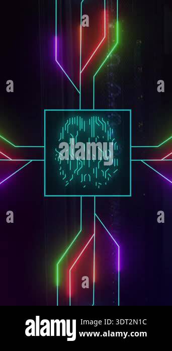 Animation of illuminated circuit board pattern around brain in square ...