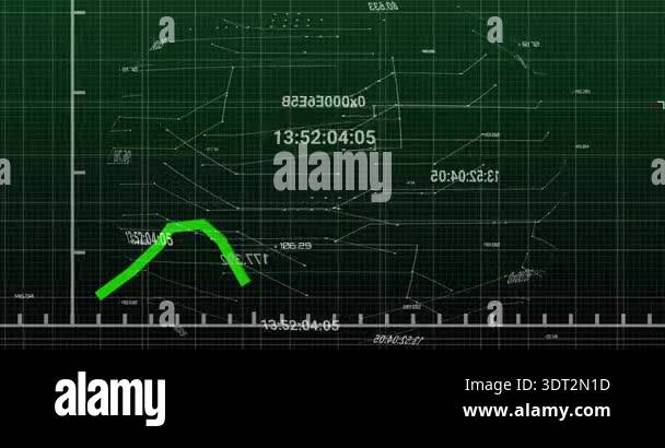 Displaying grid, green line graph ascending and dipping across ...