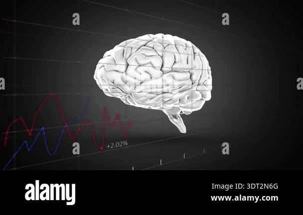 White 3D brain model floating in view, rotating with line graphs and ...