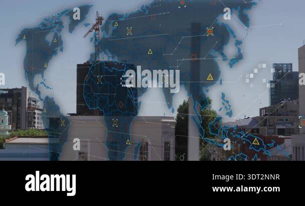 World map overlay fading in above cityscape, icons connecting nodes for ...
