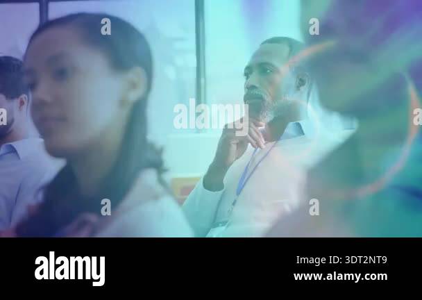 On presentation start business attendee lowering hand as digital ring ...