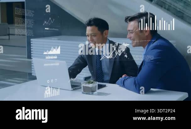 Opening laptop two financial analysts greeting examining floating ...