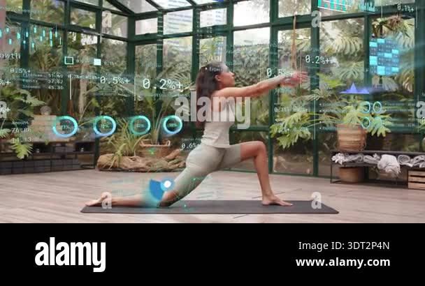 woman settling left knee on yoga mat starting lunge flow with ...