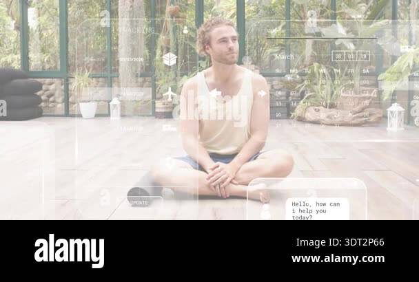 Yoga practitioner gazing upward on foam mat, travel UI fading in and ...